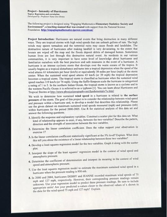 Project - Intensity of Hurricanes Topics: Regression | Chegg.com