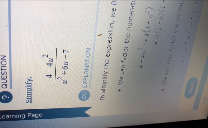 Solved Simplify. u2+6u−74−4u2 (O) EXPLANATION To simplify | Chegg.com
