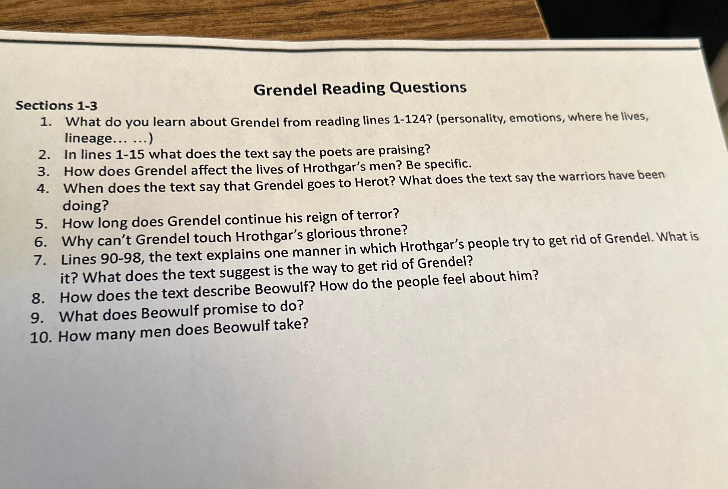 Solved Grendel Reading QuestionsSections 1-3What do you | Chegg.com