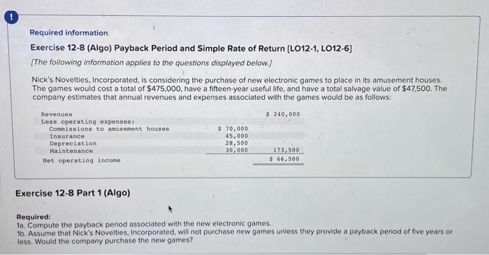 Solved Required information Exercise 12-8 (Algo) Payback | Chegg.com