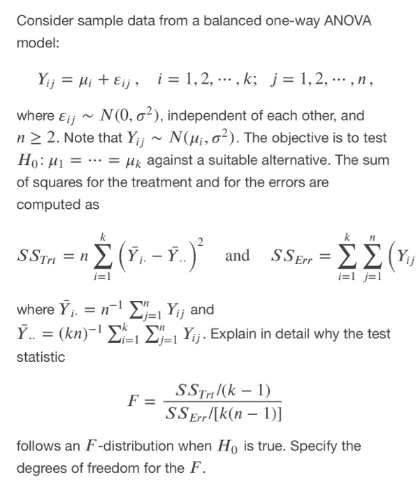 Solved Consider sample data from a balanced one-way ANOVA | Chegg.com