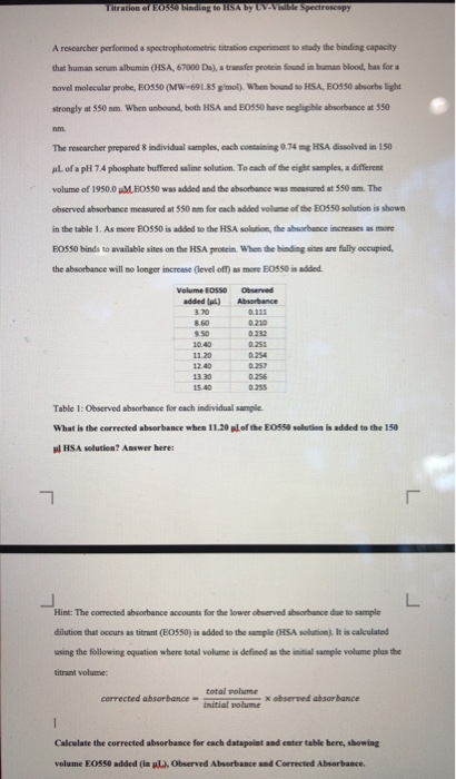 Tiltration of E0550 binding to HSA by UV-Visible | Chegg.com