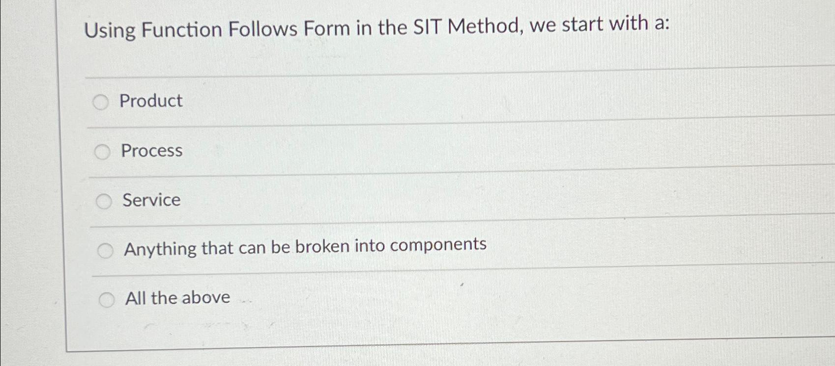 Solved Using Function Follows Form in the SIT Method, we | Chegg.com