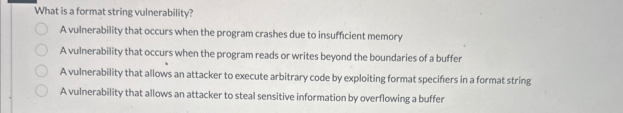 Solved What is a format string vulnerability?A vulnerability | Chegg.com