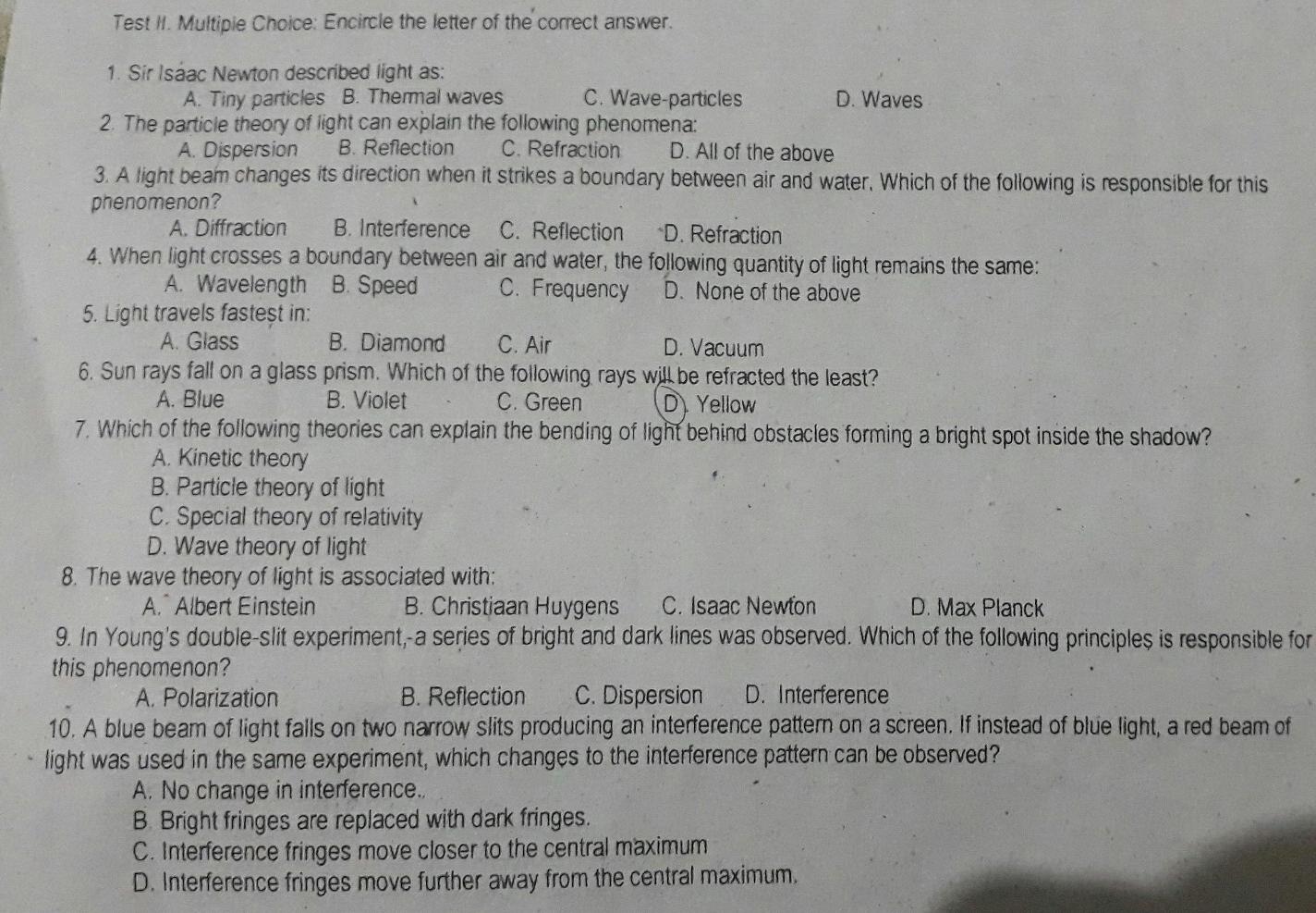 Solved Test H. Multiple Choice Encircle the letter of the | Chegg.com