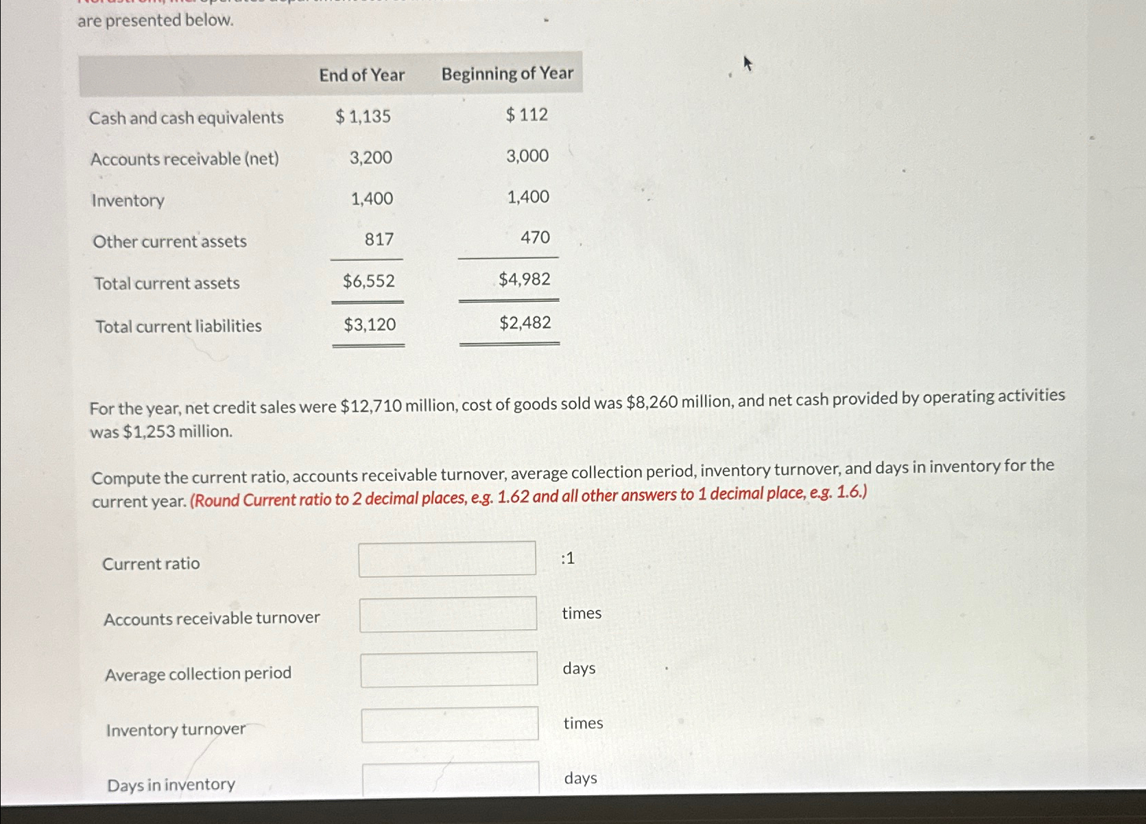 Solved are presented below.\table[[,End of Year,Beginning of | Chegg.com