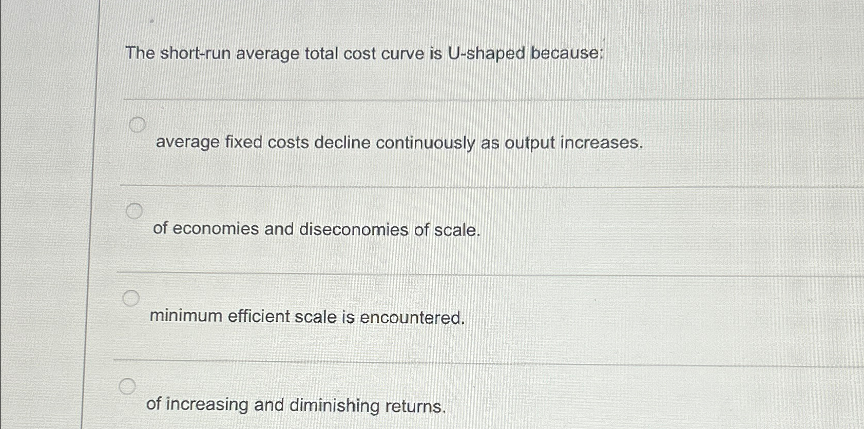 Solved The short-run average total cost curve is U-shaped | Chegg.com