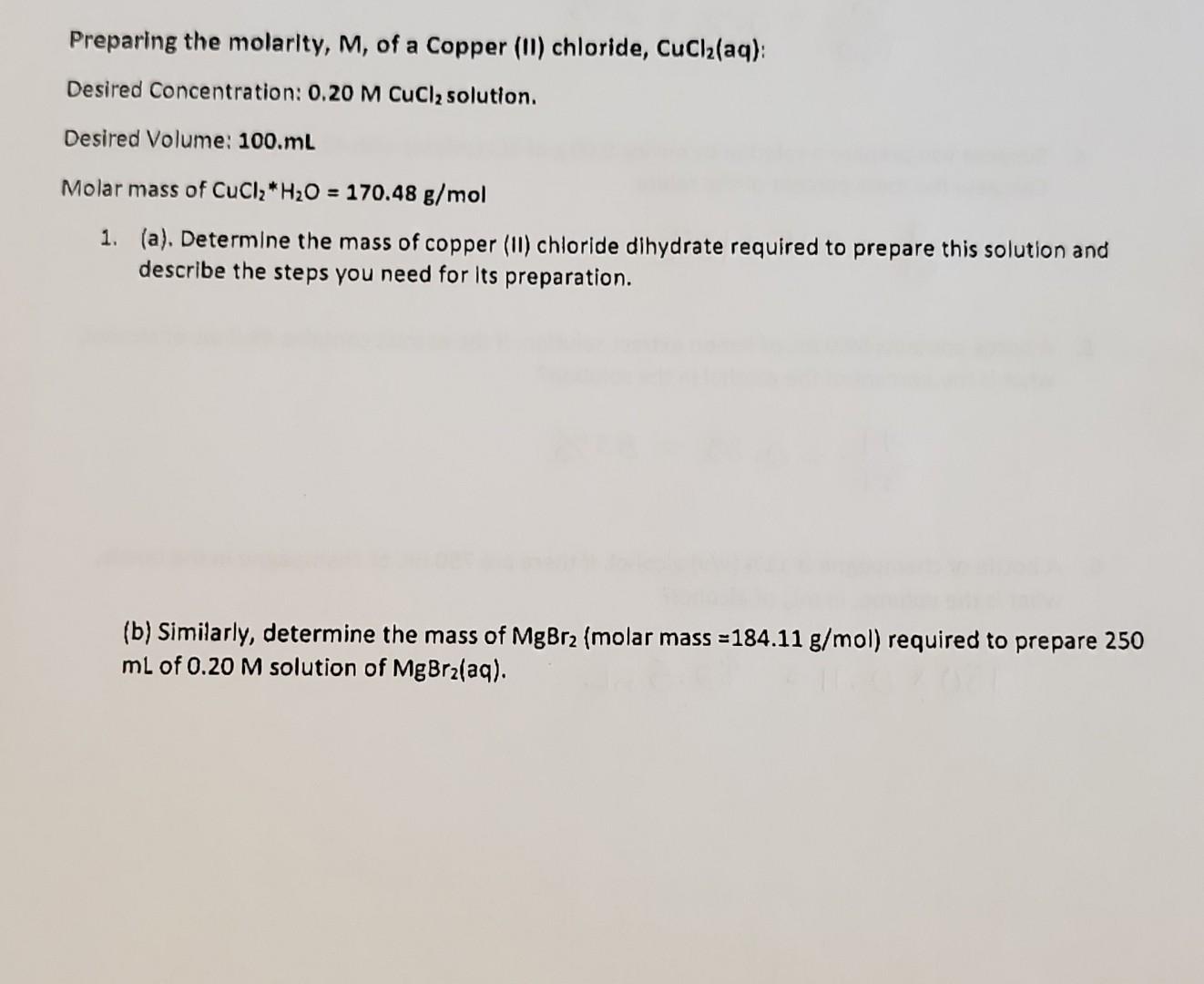 Solved Preparing the molarity, M, of a Copper (II) chloride, | Chegg.com