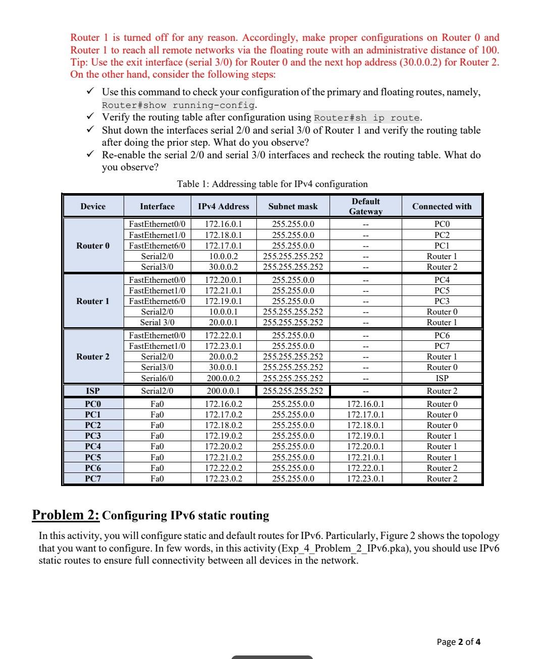 Solved Problem 1: Configuring IPv4 static routing In this | Chegg.com
