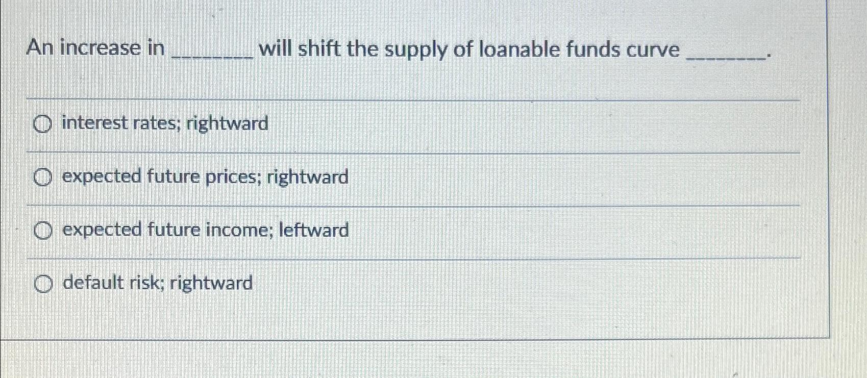 Solved An increase in will shift the supply of loanable | Chegg.com