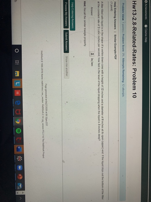Solved AIC Achievements Course Help Hw13-2.8-Related-Rates: | Chegg.com Solved AIC Achievements Course Help Hw13-2.8-Related-Rates: | Chegg.com