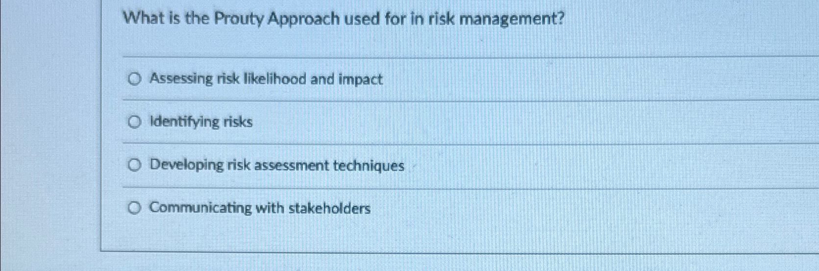 Solved What is the Prouty Approach used for in risk | Chegg.com
