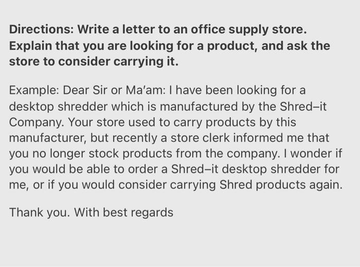 Solved Directions: Write a letter to an office supply store. | Chegg.com