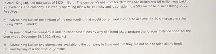 Solved The balance sheet of King Ltd. appears below: King | Chegg.com