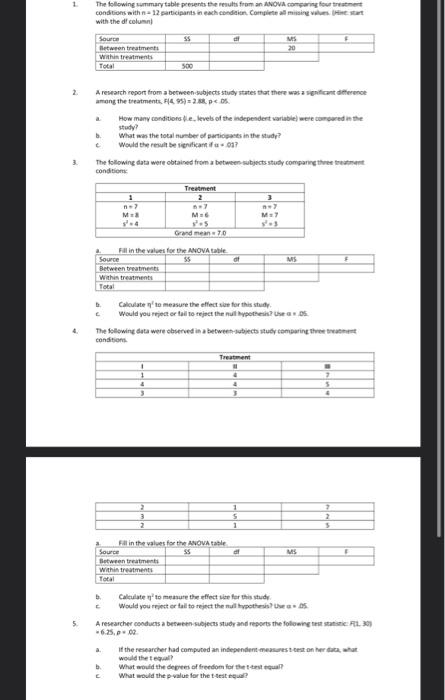 Solved 1. The following summary table presents the results | Chegg.com