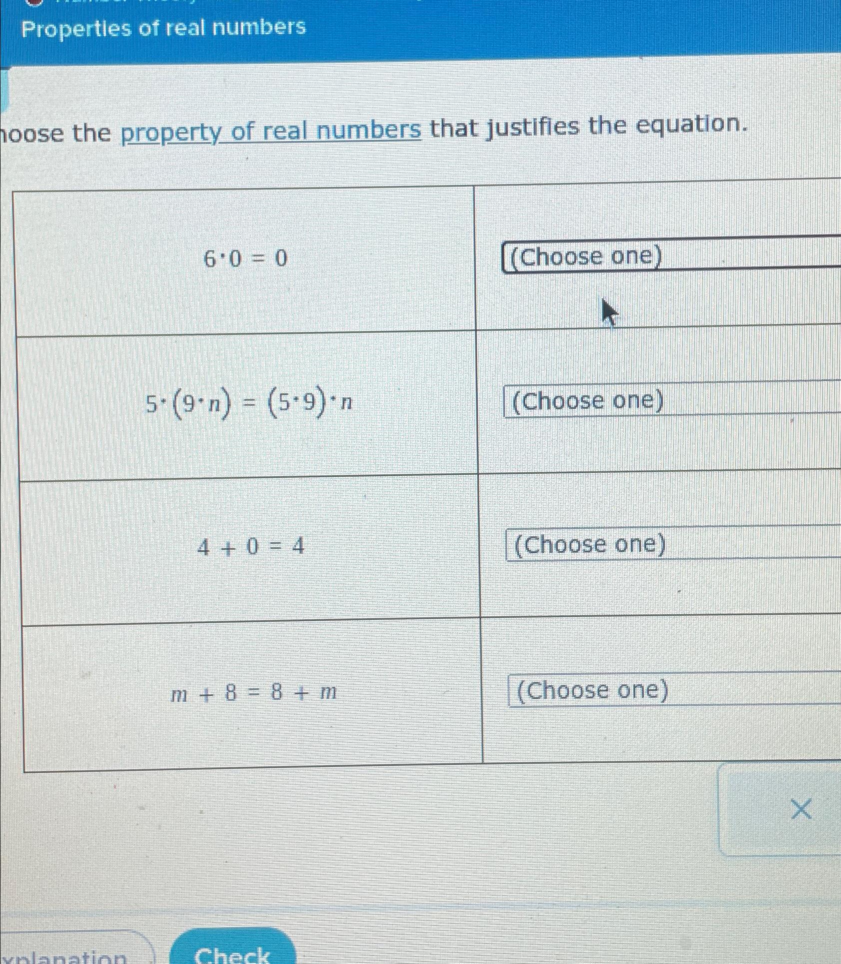 Solved Propertles of real numbershoose the property of real | Chegg.com