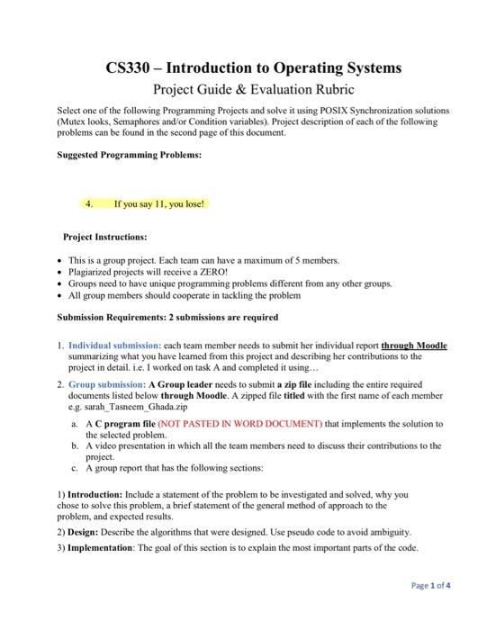CS330 - Introduction to Operating Systems Project | Chegg.com