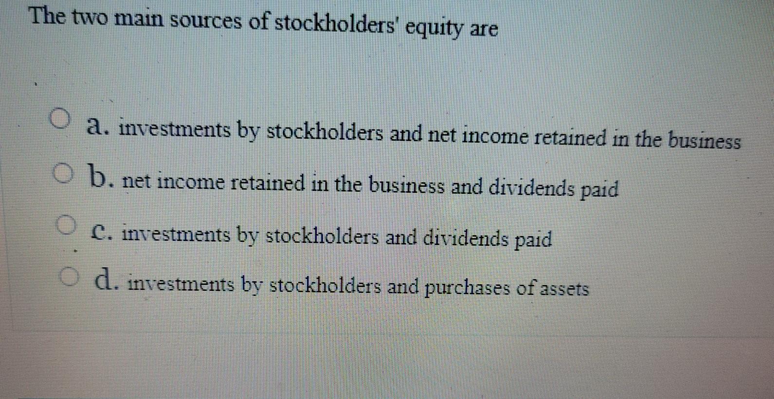 Solved The two main sources of stockholders' equity are a. | Chegg.com