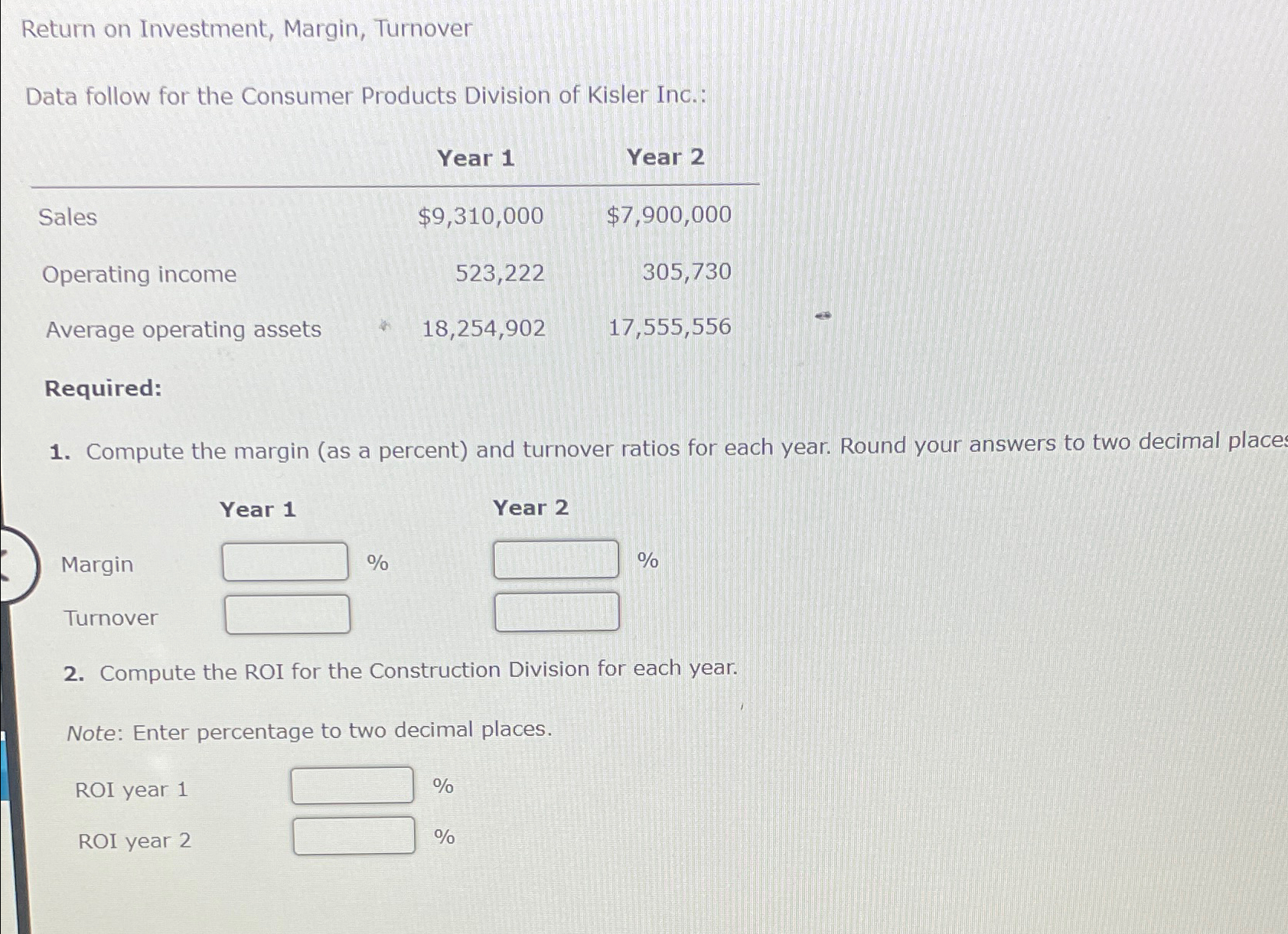 Solved Return on Investment, Margin, TurnoverData follow for | Chegg.com