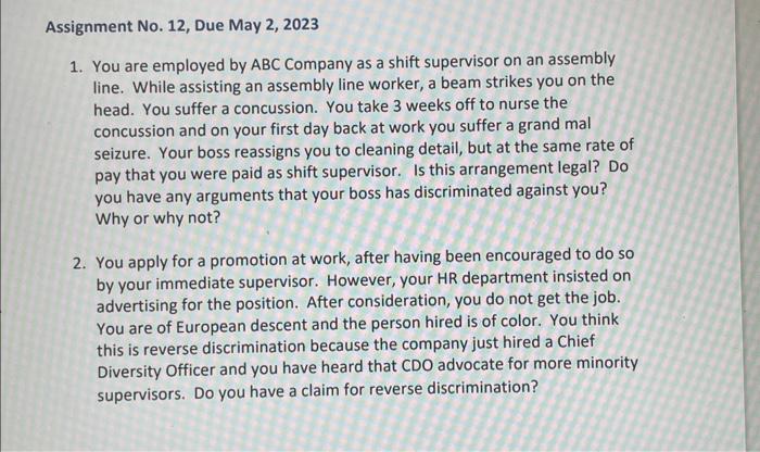 1. You are employed by ABC Company as a shift | Chegg.com