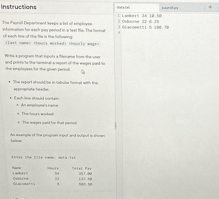 Solved Instructions data,txt payroll.py 1 Lambert 3410.50 | Chegg.com