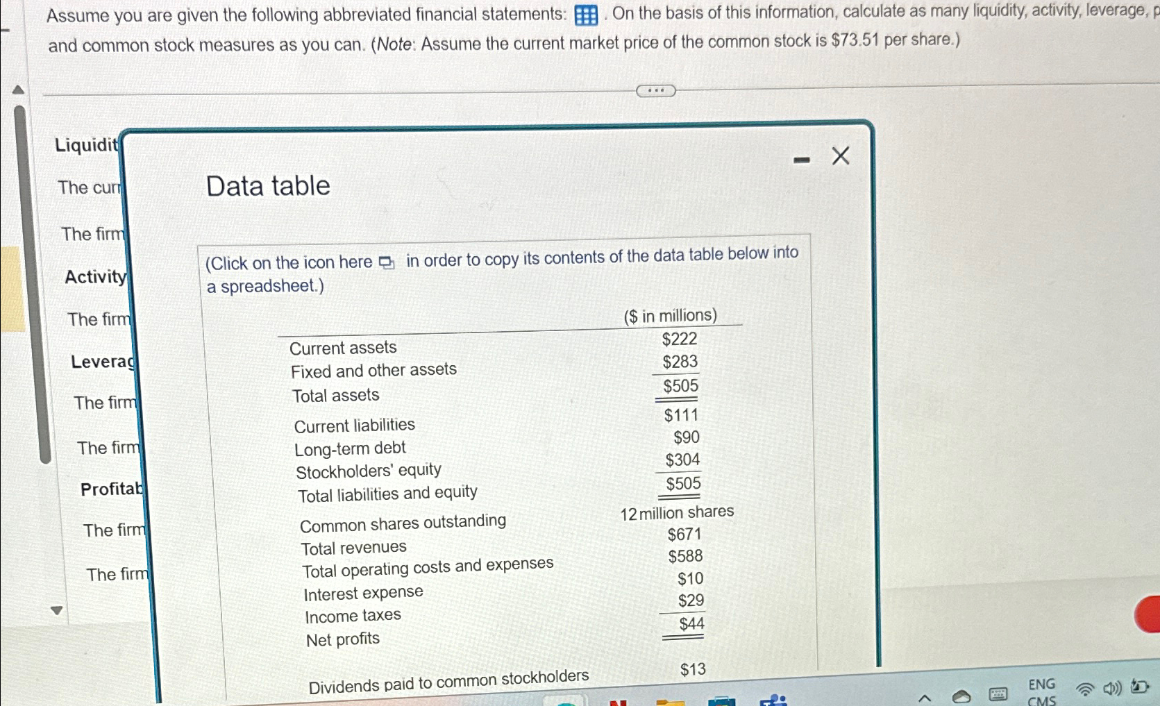 Solved Assume you are given the following abbreviated | Chegg.com