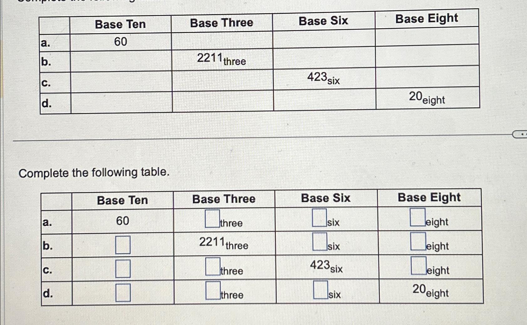 Solved \table[[,Base Ten,Base Three,Base Six,Base | Chegg.com