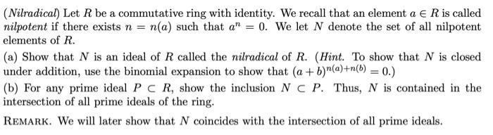 Solved (Nilradical) Let R be a commutative ring with | Chegg.com