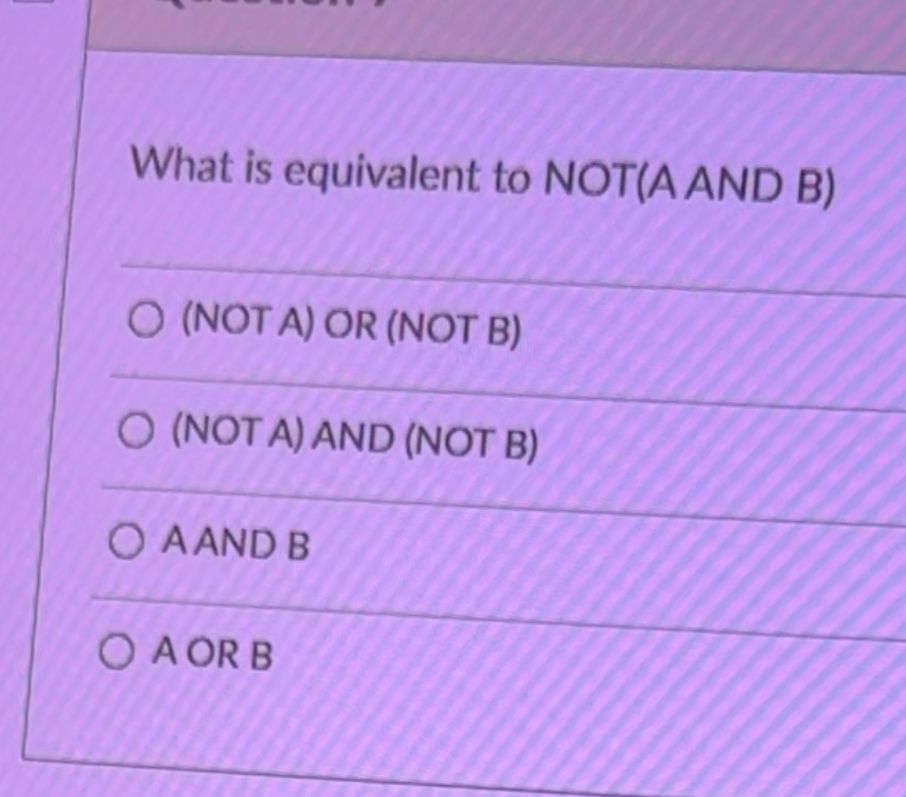 Solved What is equivalent to NOT(AAND B)(NOTA) OR(NOT | Chegg.com Solved What is equivalent to NOT(AAND B)(NOTA) OR(NOT | Chegg.com