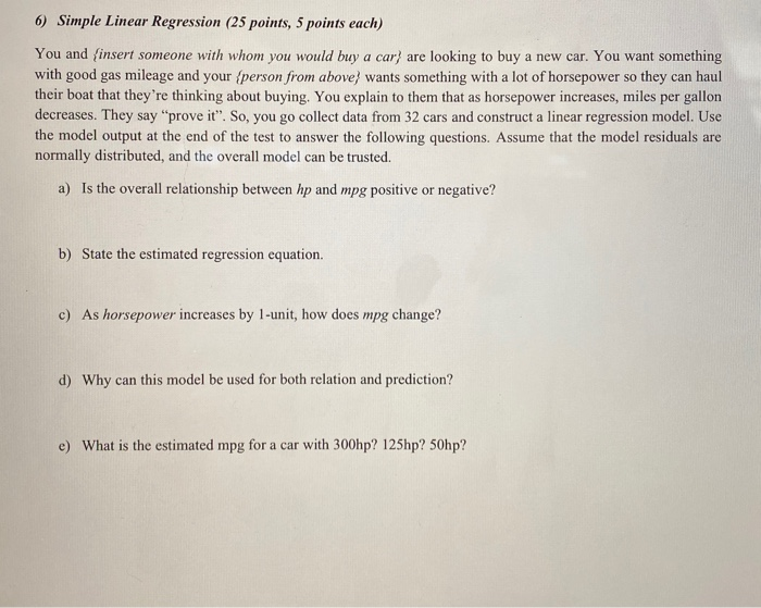 Solved 6) Simple Linear Regression (25 points, 5 points | Chegg.com
