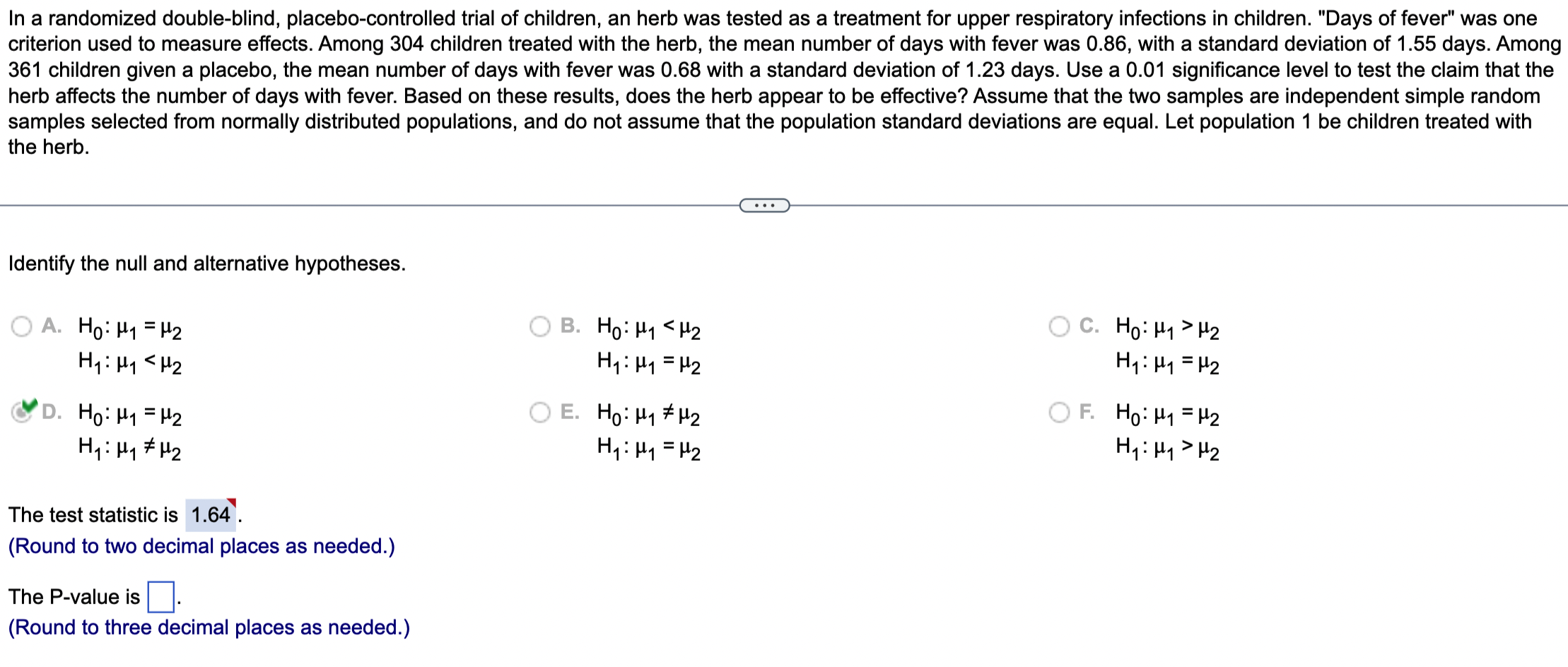 Solved In a randomized double-blind, placebo-controlled | Chegg.com