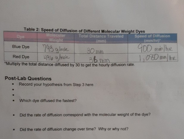 Solved Dye Table 2: Speed of Diffusion of Different | Chegg.com
