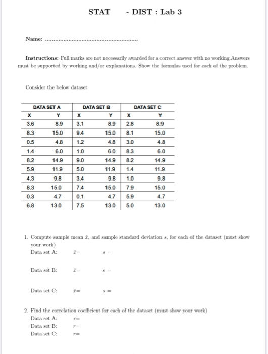 Solved STAT - DIST : Lab 3 Name: Instructions: Full marks | Chegg.com