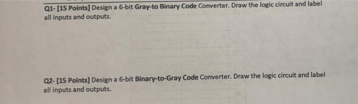 Solved Q1-(15 Points) Design a 6-bit Gray-to Binary Code | Chegg.com