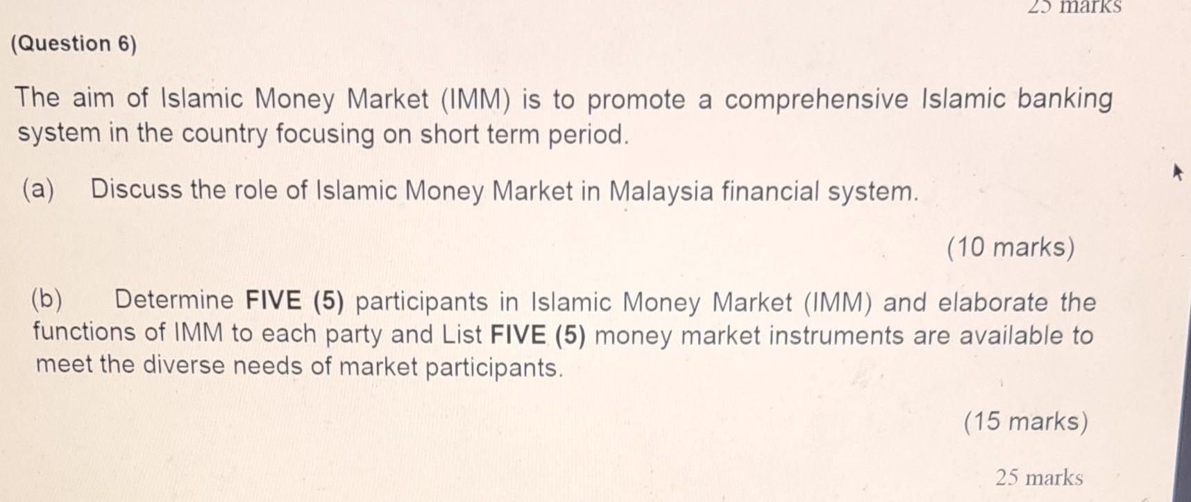 Solved 25 markS (Question 6) The aim of Islamic Money Market | Chegg.com