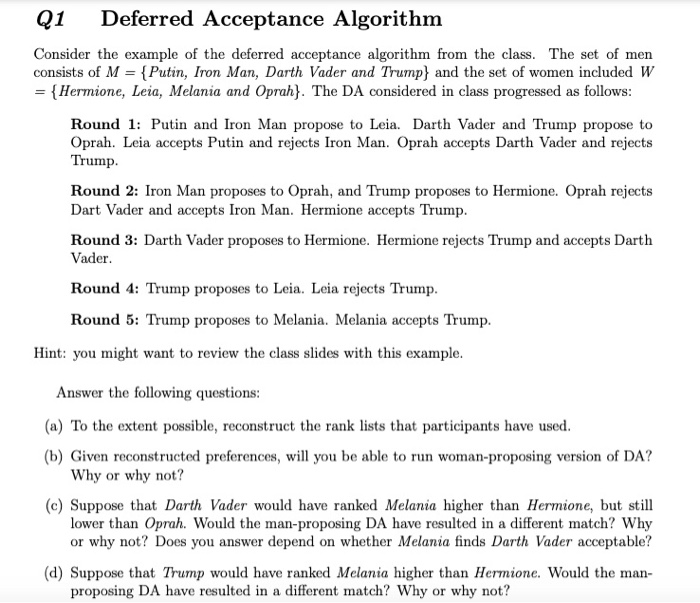 Solved Q1 Deferred Acceptance Algorithm Consider the example | Chegg.com