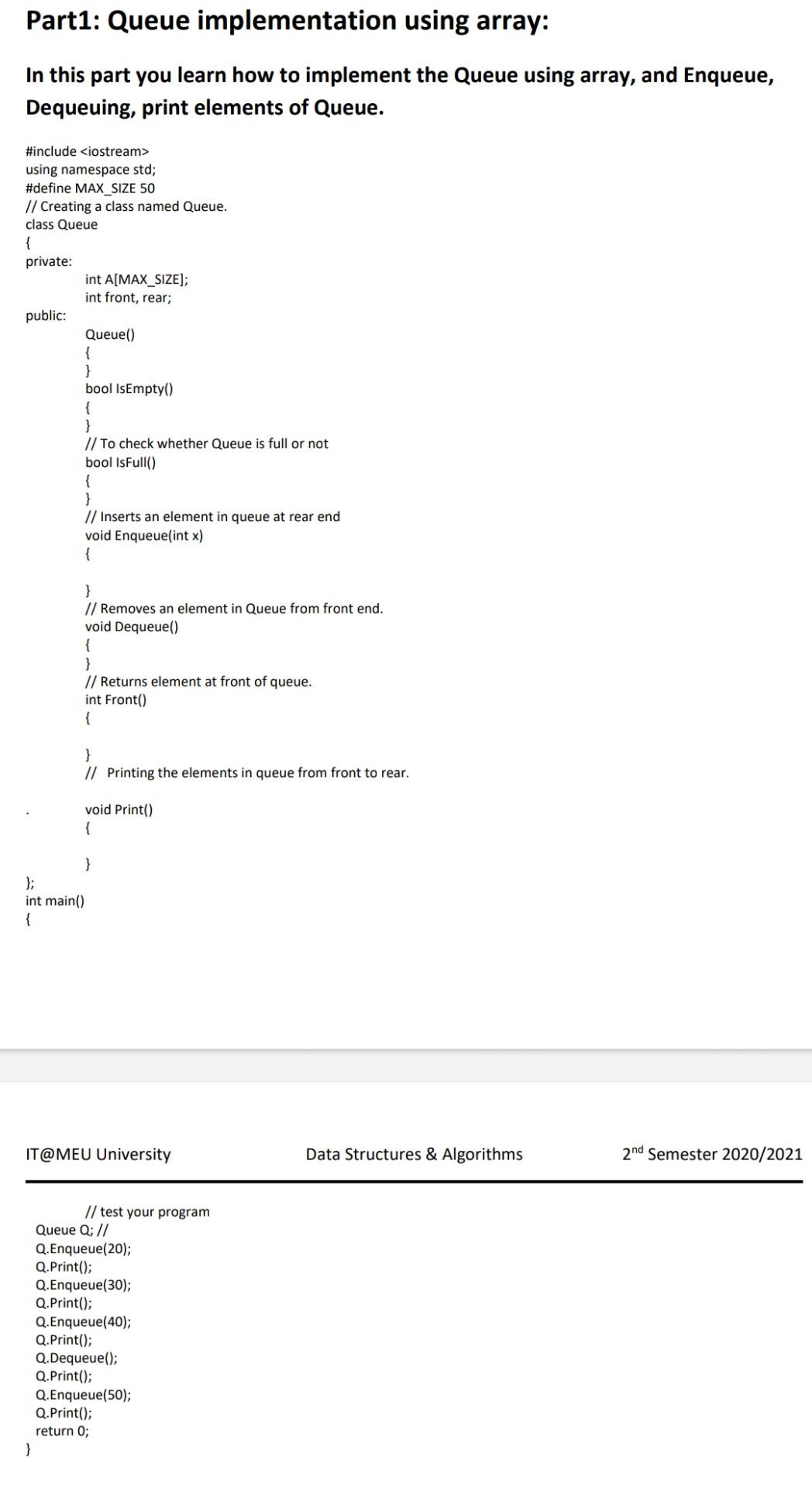 Solved Part1 Queue Implementation Using Array In This Part