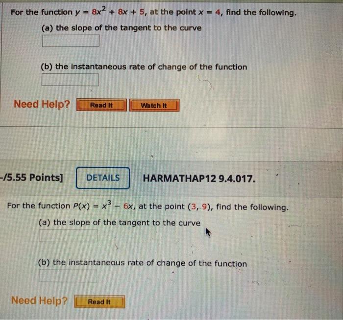 Solved For The Function Y 8x2 8x 5 At The Point X Chegg