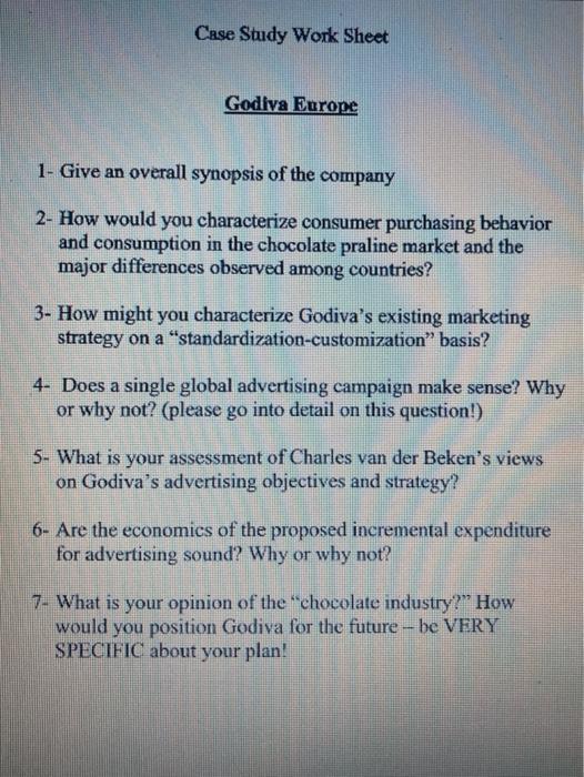 Solved Case Study Work Sheet Godiva Europe 1- Give an | Chegg.com