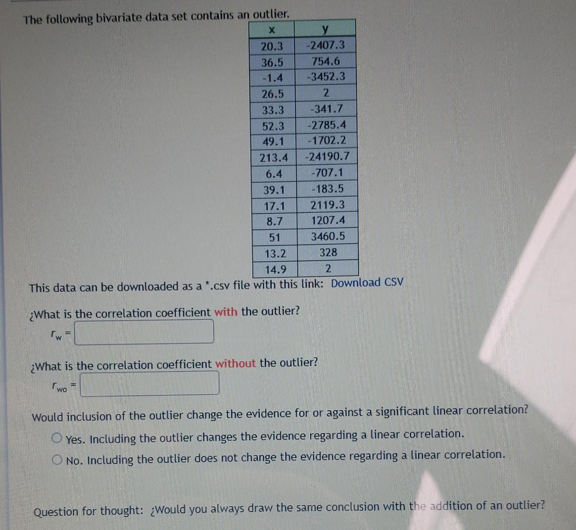 Solved The Following Bivariate Data Set Contains An Outlier
