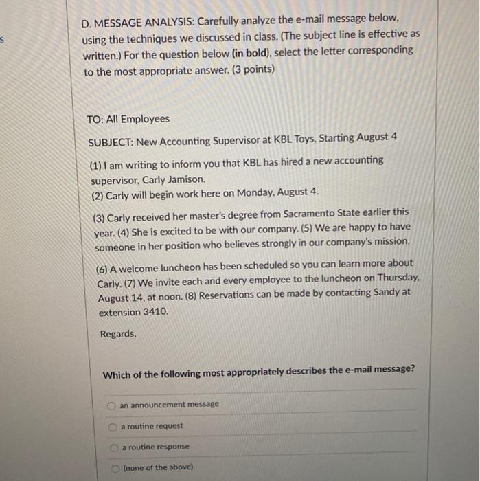 Solved D. MESSAGE ANALYSIS: Carefully analyze the e-mail | Chegg.com