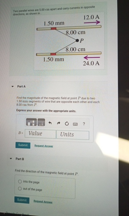 Solved Two parallel wires are 5.00cm ﻿apart and carry | Chegg.com