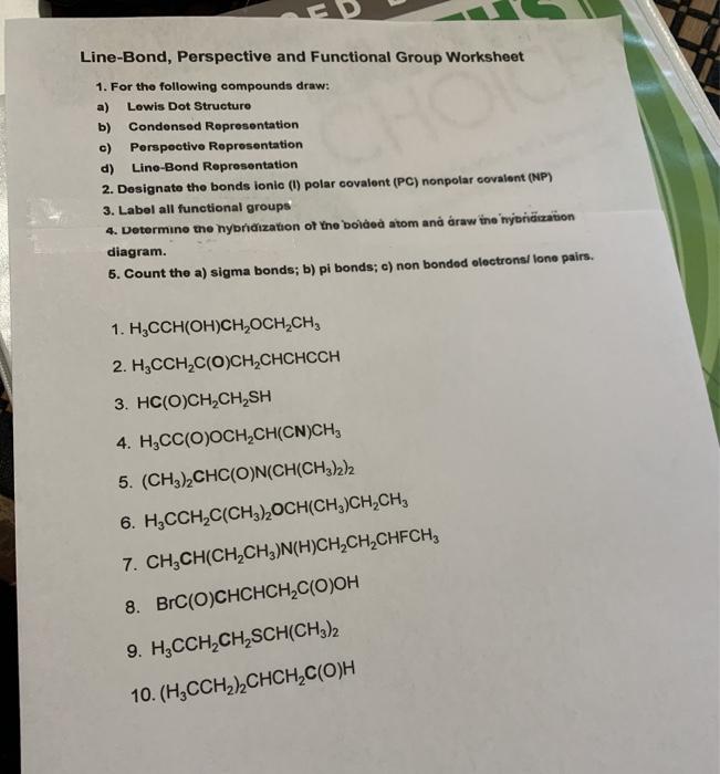 Solved Line-Bond, Perspective and Functional Group Worksheet | Chegg.com