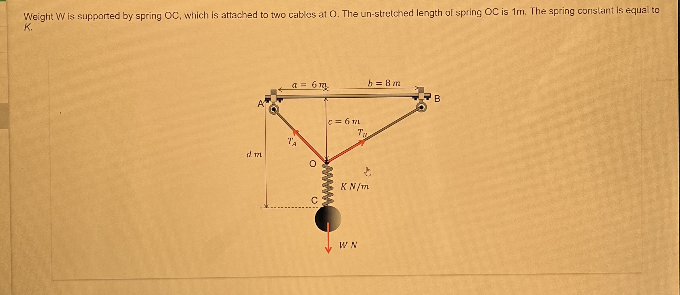 Solved Weight W ﻿is supported by spring OC, ﻿which is | Chegg.com