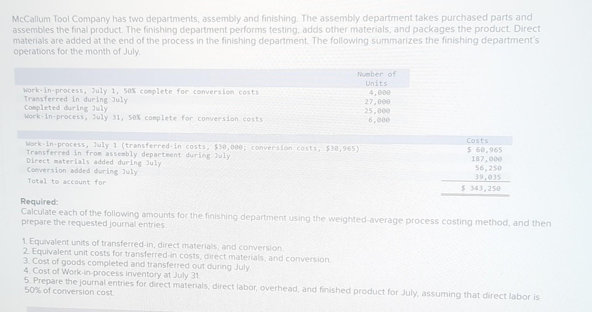 Solved McCallum Tool Company has two departments, assembly | Chegg.com
