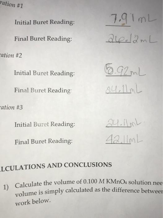 Solved ration #1 7.91ML Initial Buret Reading: Final Buret | Chegg.com