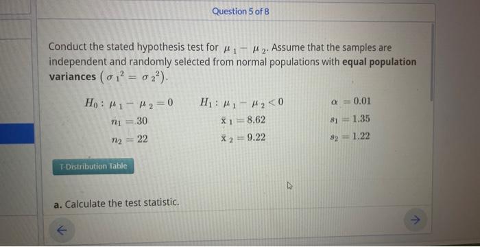 Solved Conduct the stated hypothesis test for μ1−μ2. Assume | Chegg.com