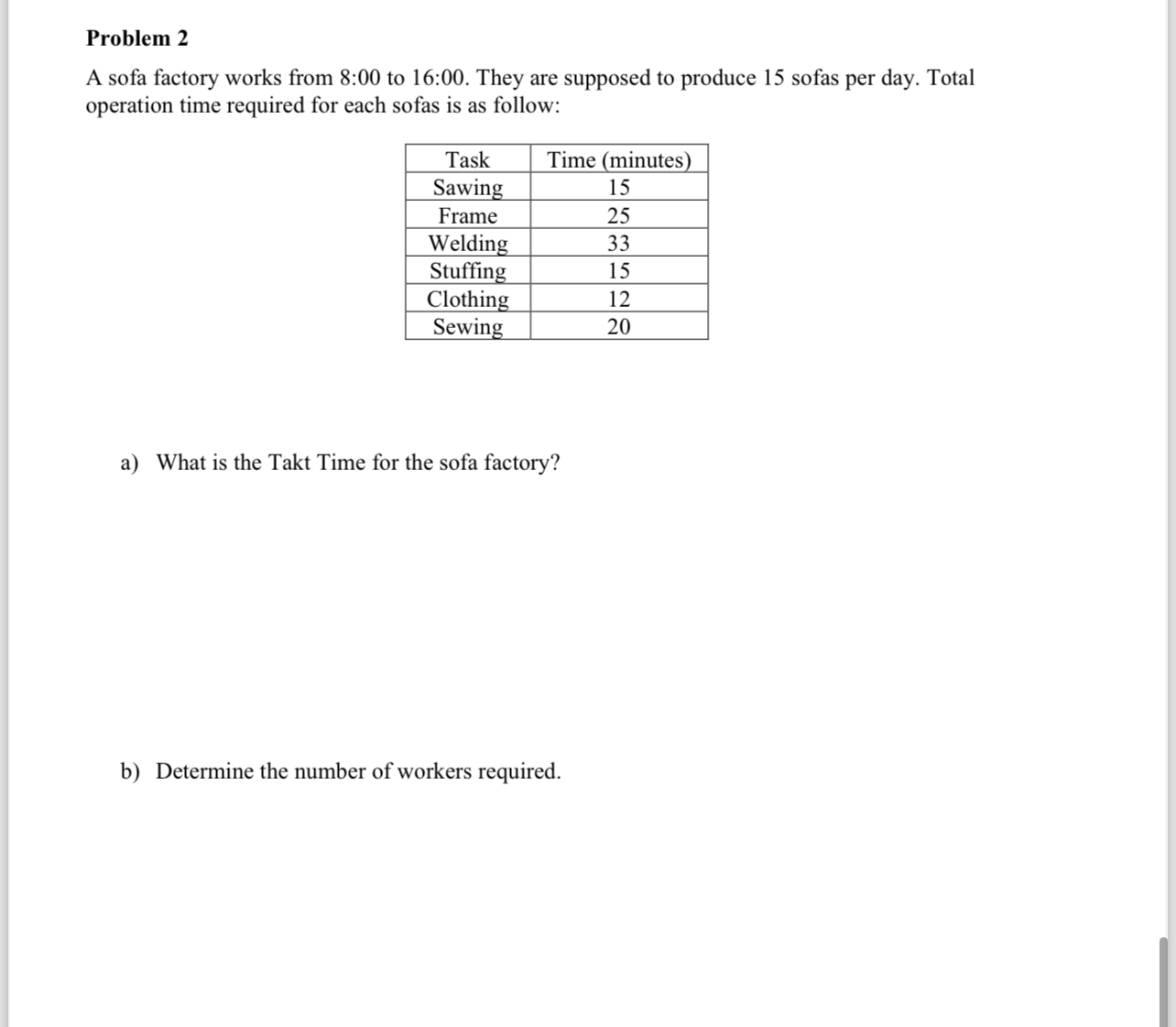 Solved Problem 2A sofa factory works from 8:00 ﻿to 16:00. | Chegg.com