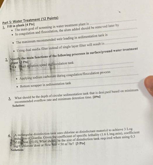 Solved Part 5: Water Treatment (12 Points) 1. Fill in plank | Chegg.com