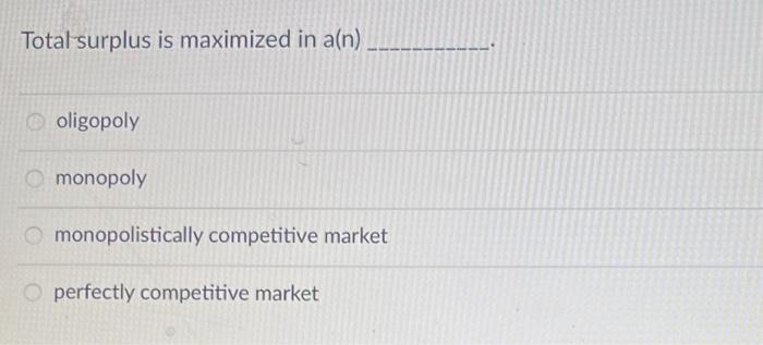 Solved Total surplus is maximized in a(n) oligopoly monopoly | Chegg.com